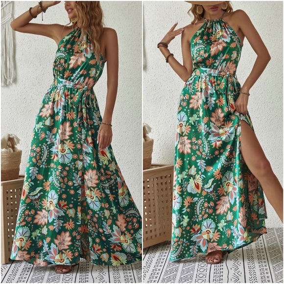 Bellanblue Dresses Boho Floral Print Belted Halter Maxi Dress